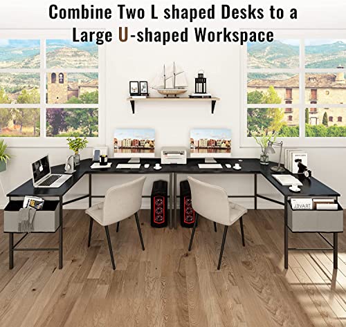 DKLGG L Shaped Computer Desk, 49" Gaming Desk Home Office Corner Desks Large Work Study Desk with Storage Bag & Hooks, L Desk Workstation Space-Saving Table for Home Office, Black