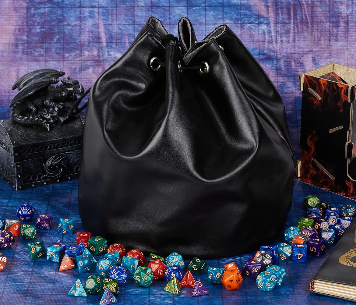 PUGED Large DND Dice Dragon Leather Drawstring Bags with Pockets Storage Bag for RPG MTG Game Dices Capacity Over 1000 Dice (Black)