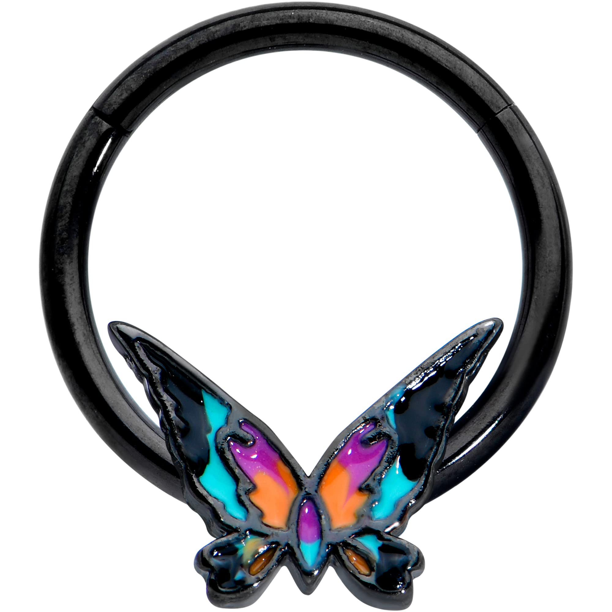 Body Candy Womens 16G Black Plated Steel Hinged Seamless Segment Cartilage Nipple Ring Sunset Butterfly 3/8"