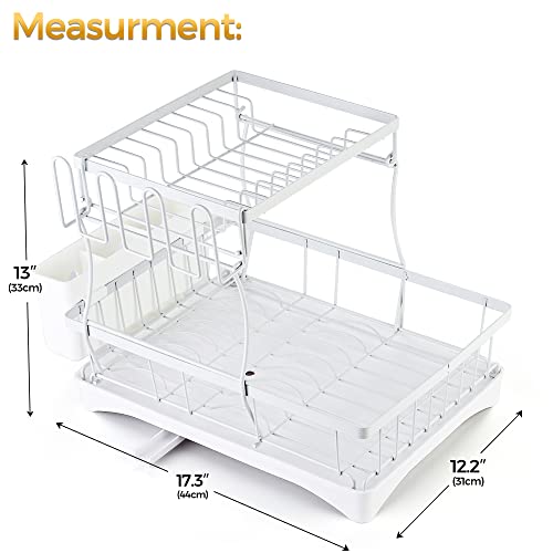 Dish Drying Rack for Kitchen Counter, 2-Tier Dish Racks with Drainboard, Large Capacity Dish Drainer Organizer Shelf with Utensil Holder, Wine Glass Holder(White)