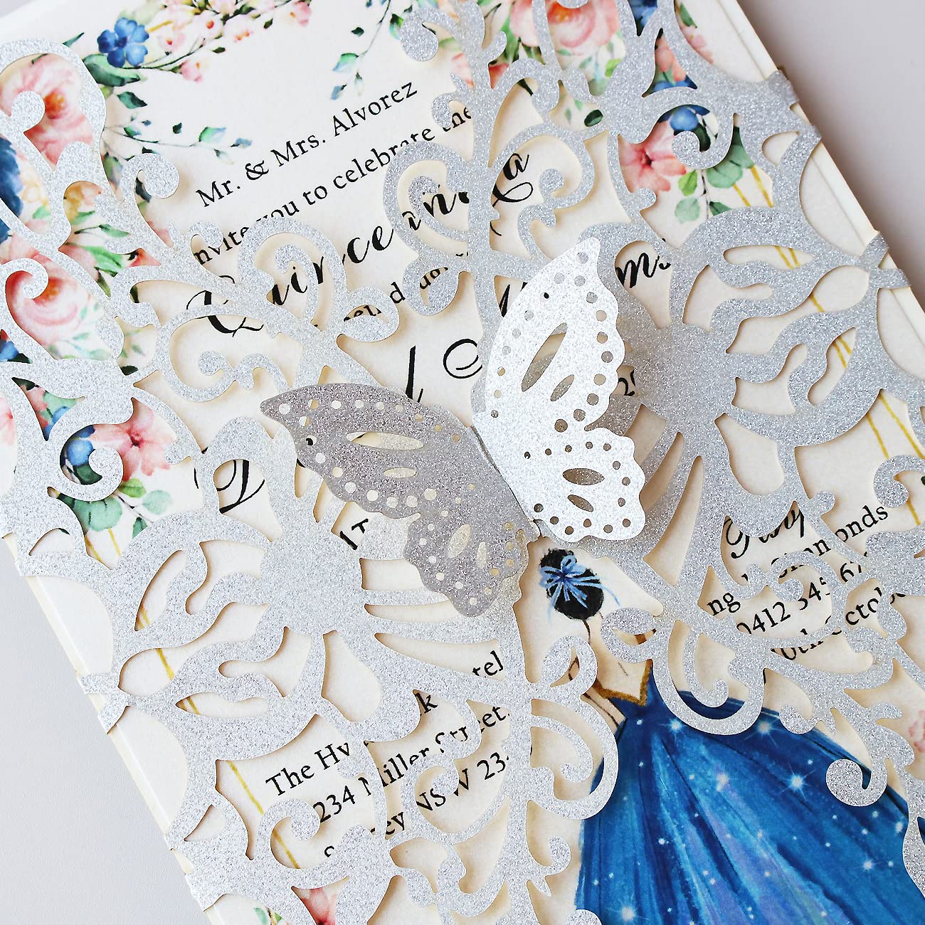 KUCHYNEE 20PCS 5.1x7.3 inch Silver Laser Cut Lace Flora Wedding Invitation Cards with Butterfly and Envelopes for QuinceaƱera Bridal Shower Wedding Invite (Silver Glitter)