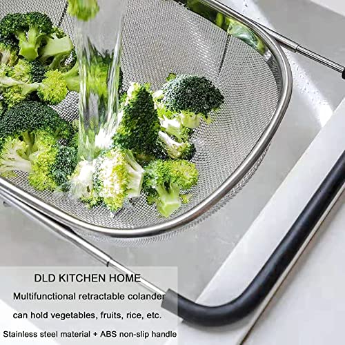 DLD colander stainless steel oval colander with fine mesh 6-quart strainer basket and expandable rubber handle-filter, drain and rinse fruits and vegetables