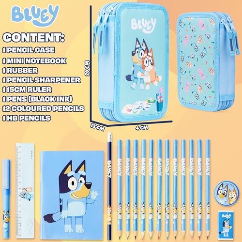 Bluey Filled Pencil Case for Kids with 2 Compartments, Stationery Included - Primary School Supplies