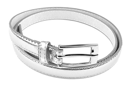 Belle Donne Women Skinny PU Leather, Dress, Silver Belts, Womens Belt with Silver Polished Buckle, Silver Medium