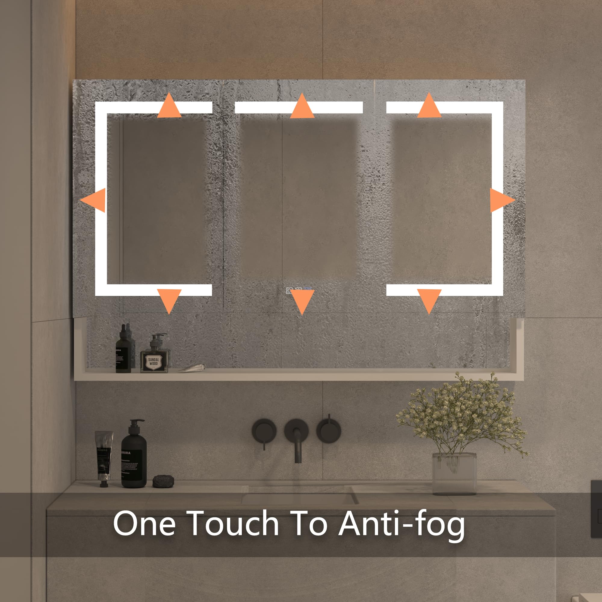 cieloshinerico 48x32 Bathroom LED Mirror Medicine Cabinet, Recessed or Surface Wall Mounted Bathroom Cabinet with Storage Shelves, Smart Touch Dual Outlets and USB, 3 Door, Silver
