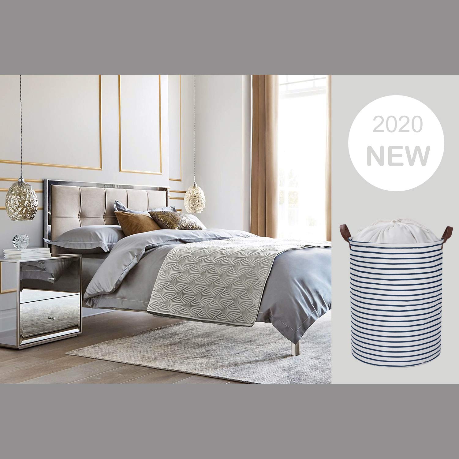 FRIENDIY Large Laundry Hamper, Removable Laundry Basket, foldable fabric laundry basket, drawstring waterproof round cotton linen storage basket. (Blue Strips, 17.7"/Medium)