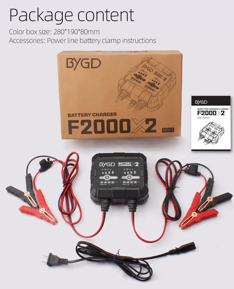 BYGD 6V and 12V Smart Battery Charger 2-Bank, 4-Amp (2-Amp Per Bank) Fully-Automatic Smart Charger, Battery Maintainer, and Battery Desulfator with Temperature Compensation (Upgraded)