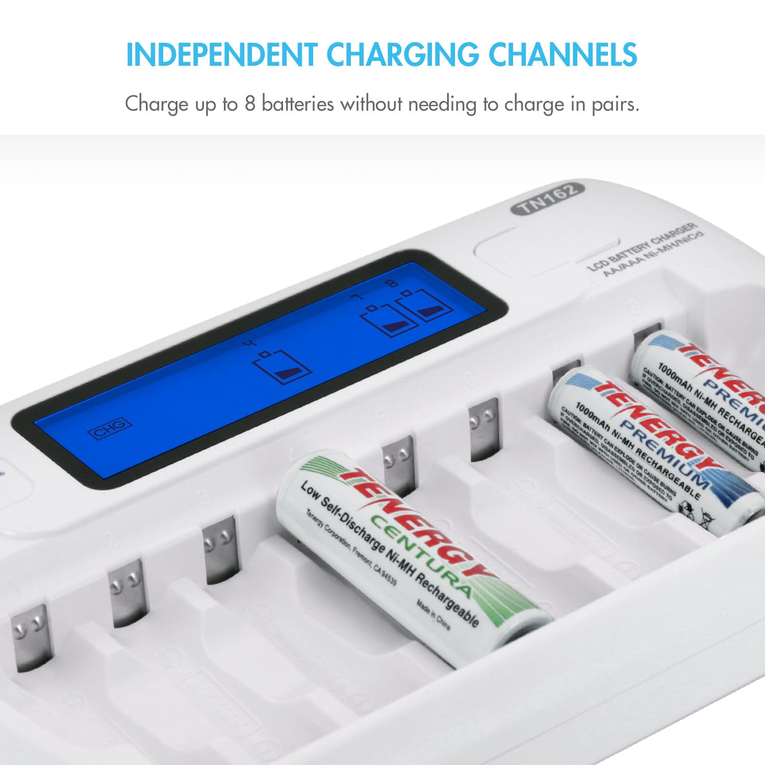 Tenergy TN162 8-Bay Smart LCD Battery Charger for Rechargeable AA/AAA NiMH/NiCd Batteries