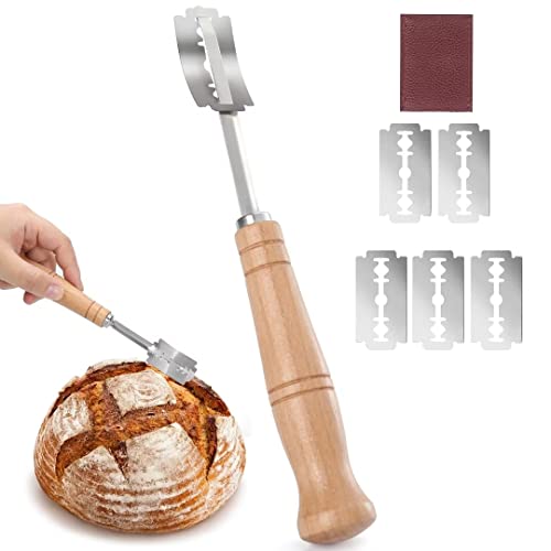 CUNSENR Premium Bread Lame Tool - Hand Crafted Bread Lame Dough Scoring Tool - Easy to Lame Bread & Clean - Stainless Steel Sourdough Scoring Tool - Bread Scoring Tool with Leather Cover(5 Blades)