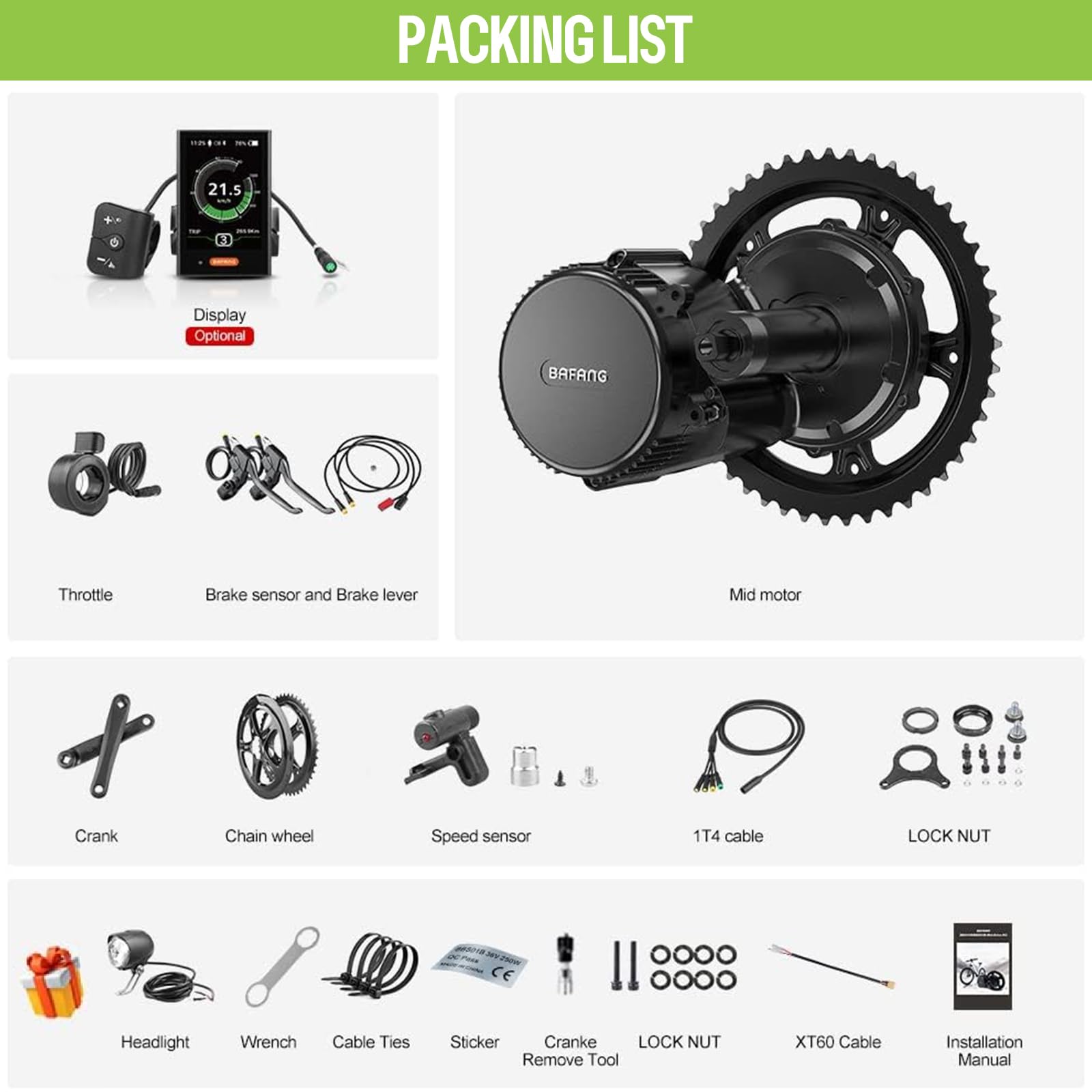 BAFANG BBS02B 36V/48V 500W Mid Drive Kit 48V Ebike Motor with DIY LCD Display/Controller Electric Bikes Conversion kit for Mountain Bike(C961 Display,No Battery)