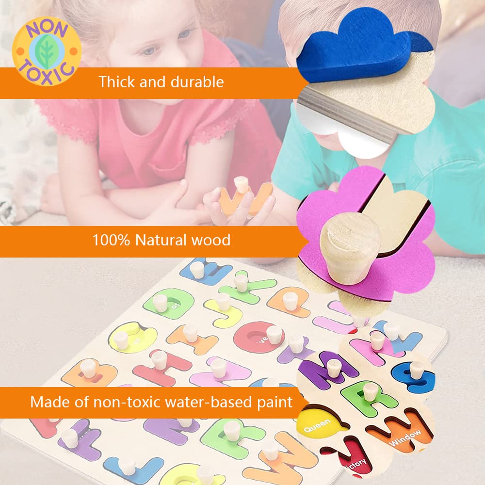 CCMTangHong Wooden Alphabet Puzzle ABC ,Letter Puzzle with Button,Montessori Matching Game Jigsaw Toy,Educational Early Learning Toy Gift for Preschool Year Old Kids