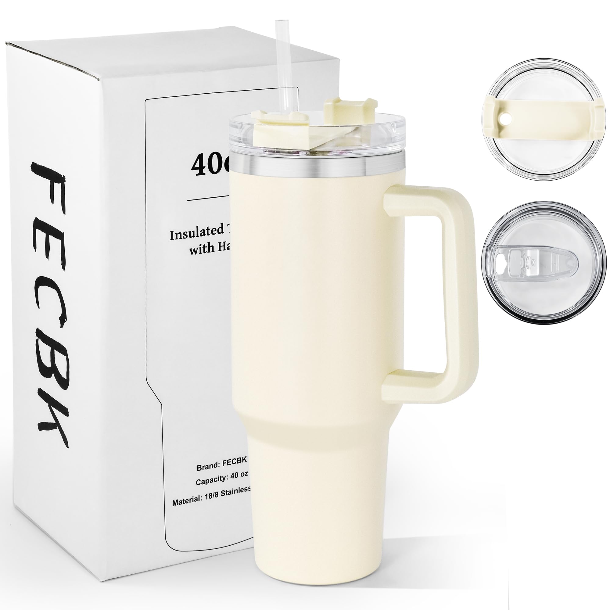 FECBK 40 oz Cow Tumbler with Handle and Straw, 100% Leak-Proof Travel Mug, Stainless Steel Double Wall Vacuum Insulated Coffee Cup Keeps Cold For 34 Hours, White Cow