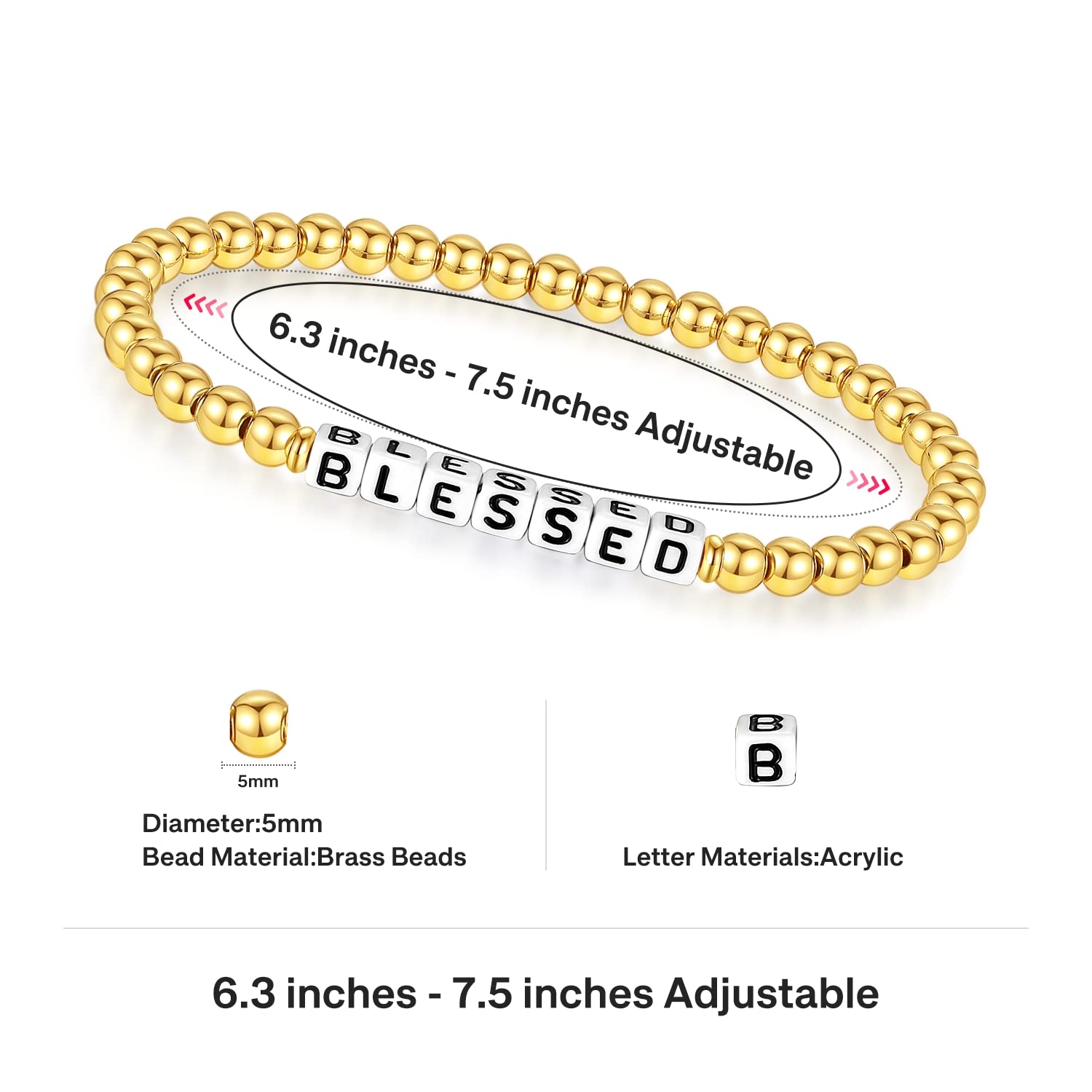 Byson Brass Beads Ball Bracelet with English Letter Copper Beads Balls Stretchable Elastic Gold Beaded Bracelets for Women & Men 7.5" (BLESSED)
