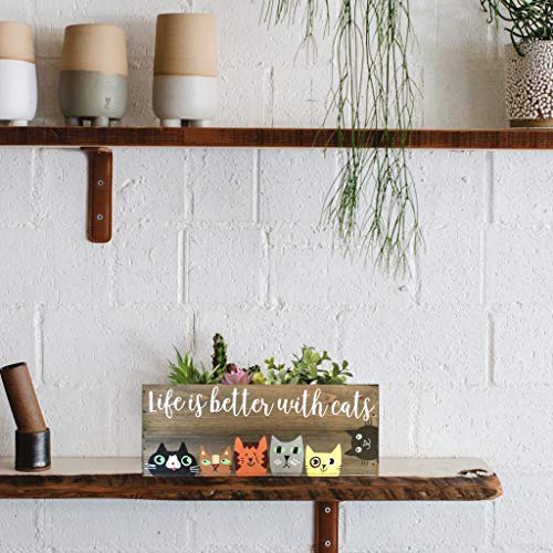 Cat Planter, Life is Better With Cats Wood Planter Box, Cat Mom, Catnip, Cat Lover Gift (Natural Brown Wood)