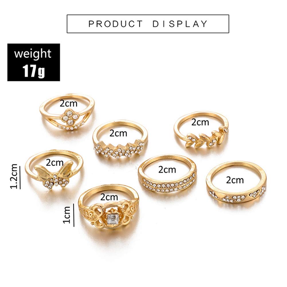 Boho Finger Ring Set of 7 Gold Crystal Butterfly Rings Set for Women and Dainty Gold Ring