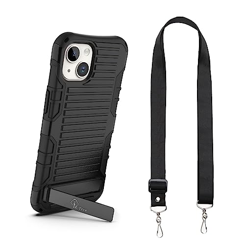 E-Tree Compatible with iPhone 14 Case for iPhone 13 Case Black, [with Crossbody Lanyard and Stand] [Shockproof] Protective Phone Cover for iPhone 13/14, Strap Around Neck