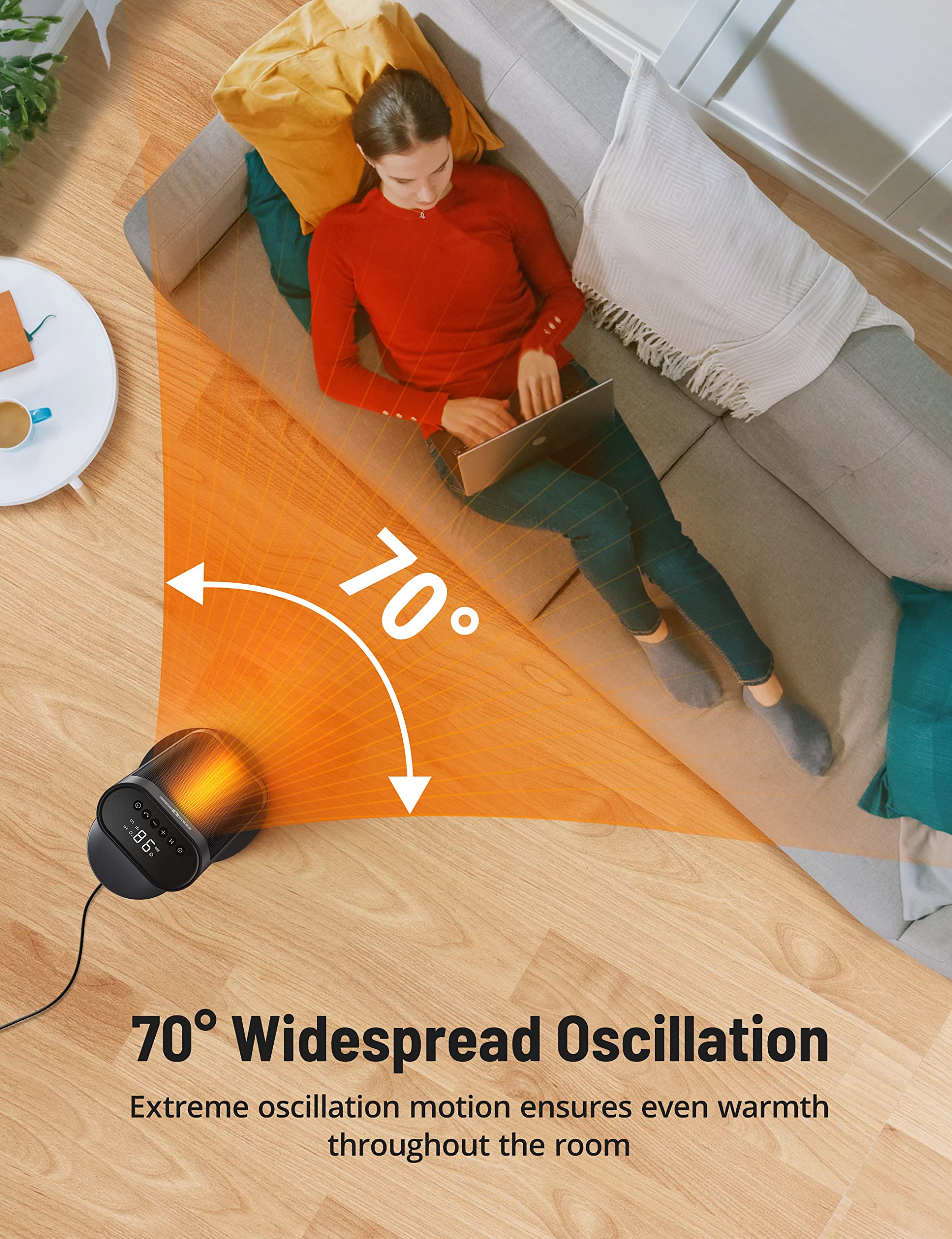 Space Heater, Portable Electric 1500W PTC Fast Heating Indoor Ceramic Oscillating PARIS RHÔNE Heater with Remote Control Thermostat ECO Mode 12H Timer Tip-Over & Overheating Protection LED Display