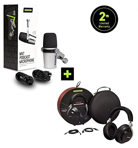 Shure MV7 USB/XLR Dynamic Microphone + AONIC 50 Wired/Wireless Noise Cancelling Headphones for Podcasting, Recording, Streaming & Gaming, Professional Quality Sound & Durability - Silver/Black