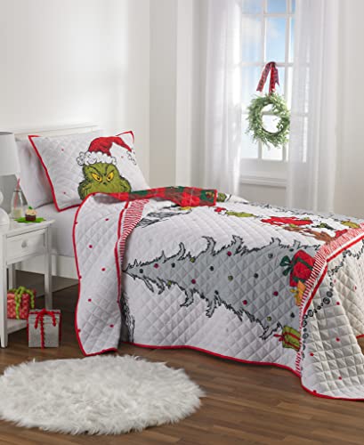 Franco Grinch by Dr. Seuss Holiday Bedding Super Soft Pillow Sham and Quilt Set, Full/Queen Size 76" x 86", (Official Dr. Seuss Product)