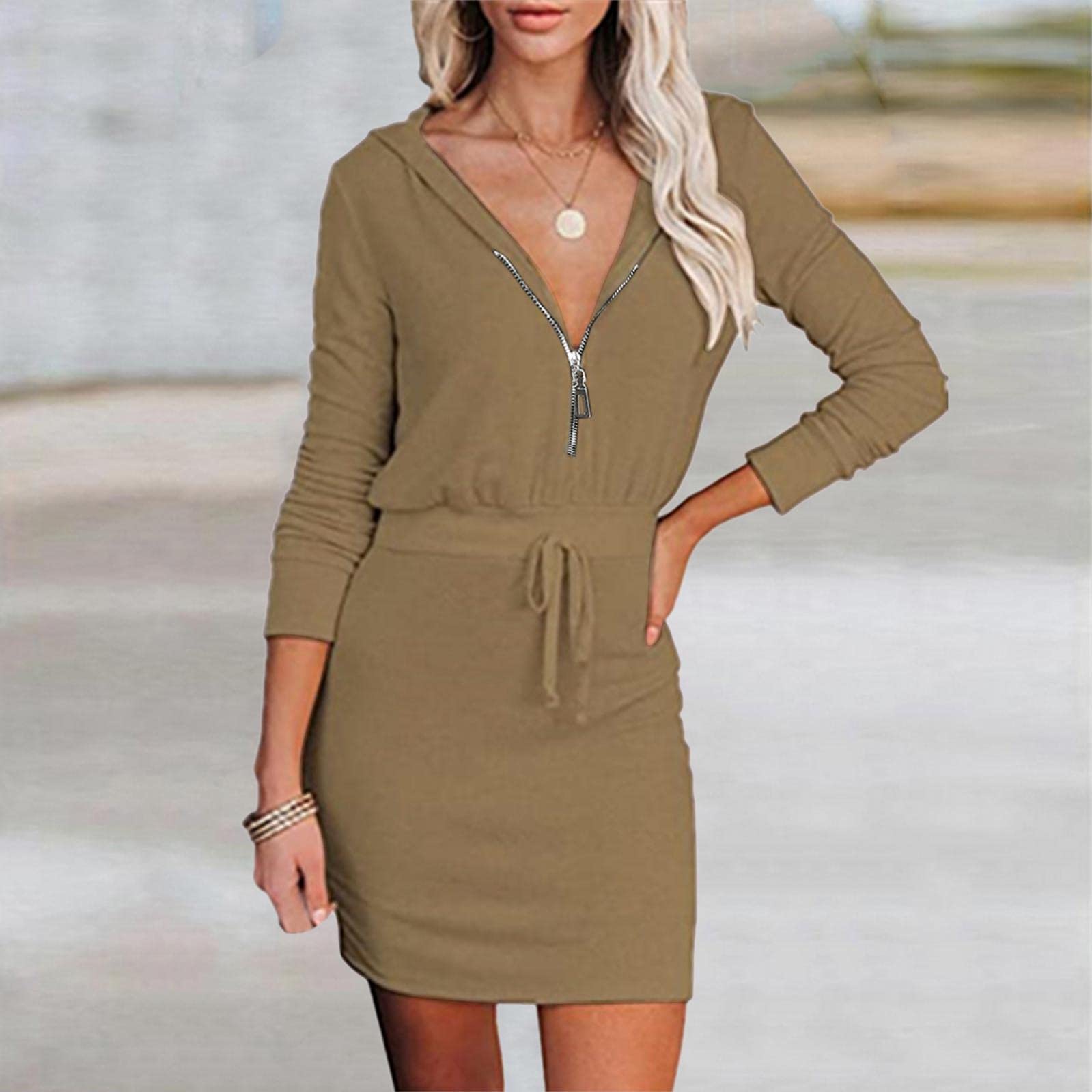 Padaleks Womens Casual Hoodie Dress Cozy Solid Long Sleeve Zipper Slim Fit Dresses Pullover Sweater with Belted