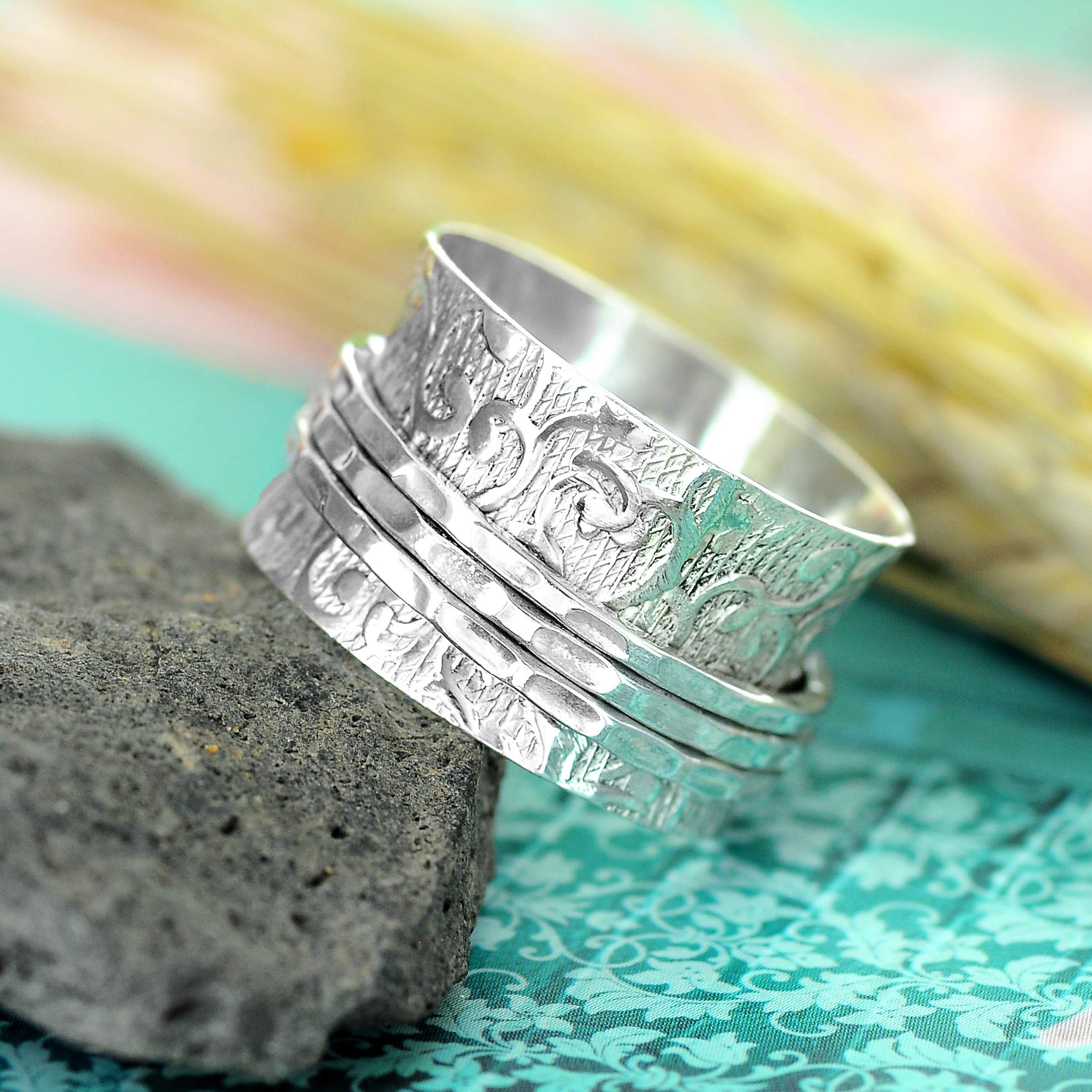 Boho-Magic 925 Sterling Silver Spinner Ring for Women | 3 Spinning Rings Bands | Fidget Meditation Anxiety | Wide Statement Chunky Jewelry Size 7-9 (8)