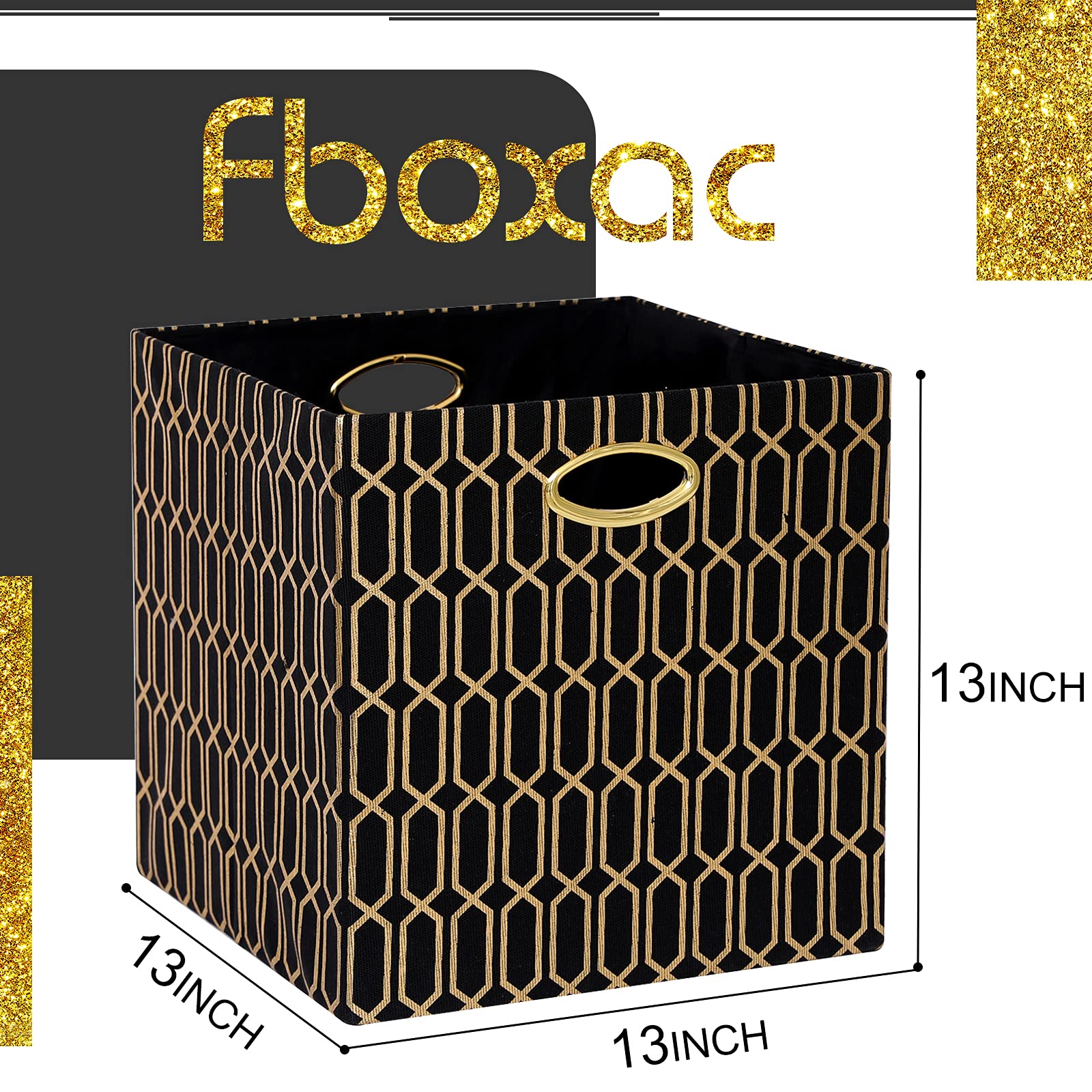 Fboxac Cube Storage Bins 13×13 Polyester Foldable Box with Handles, Black Gold Collapsible Organization Basket Set of 4 Large Capacity Drawer for IKEA Closet Shelf Halloween Cabinet Bookcase