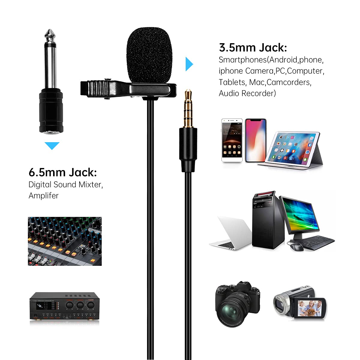 PHOTOOLEX Professional Lavalier Lapel Microphone Omnidirectional Condenser Mic for iPhone Android Smartphone,Podcasting, Recording, DSLR, Camera, Smartphone, PC, Laptop (236in)