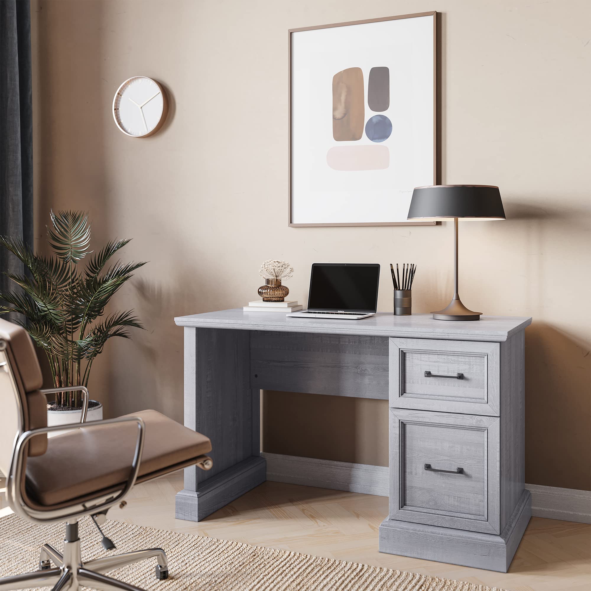BELLEZE 62 Inch Executive Home Office Computer Desk Table with Two Storage Drawers, Two File Drawers, Slideout Keyboard, and Mouse Shelf - Rhudi (Stone Gray)