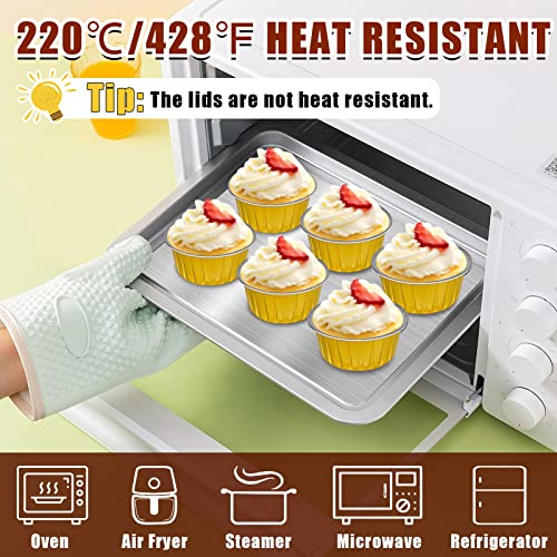 Cupcake Liners, 50PC Aluminum Foil Cupcake Tins with Lids 5oz Disposable Ramekins Mini Muffin Creme Brulee Cupcake Containers Dessert Cups for Wedding Party Gold