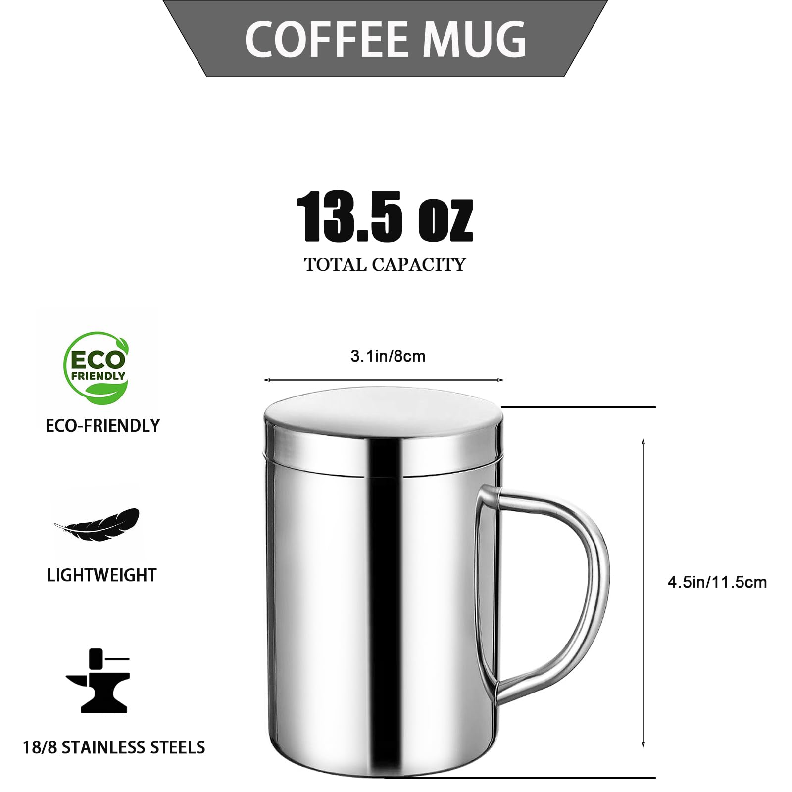 DASHTHER 13.5 oz Stainless Steel Double-Walled Metal Mugs - Insulated Coffee & Tea Cup with Lid and Handle for Camping and Everyday Use (1 piece)