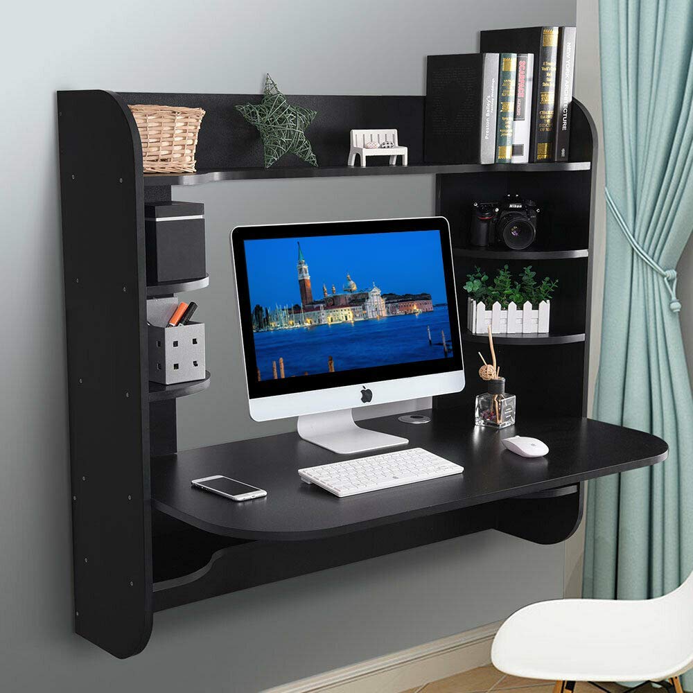 Binrrio Wall-Mounted Computer Desk, Storage Tray Floating Desk, Wood Compact Home Office Desk, Laptop PC Table Writing Study Table, Workstation with Storage Drawer & Shelves (Black)