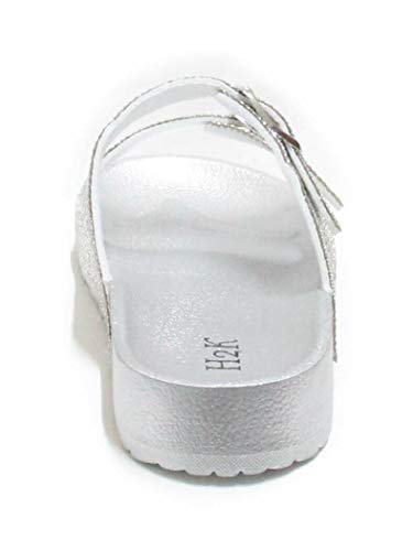 H2K Womens Glitter Double Buckle Adjustable Comfort Slip On Slides Sandals Espen (Silver, 10)