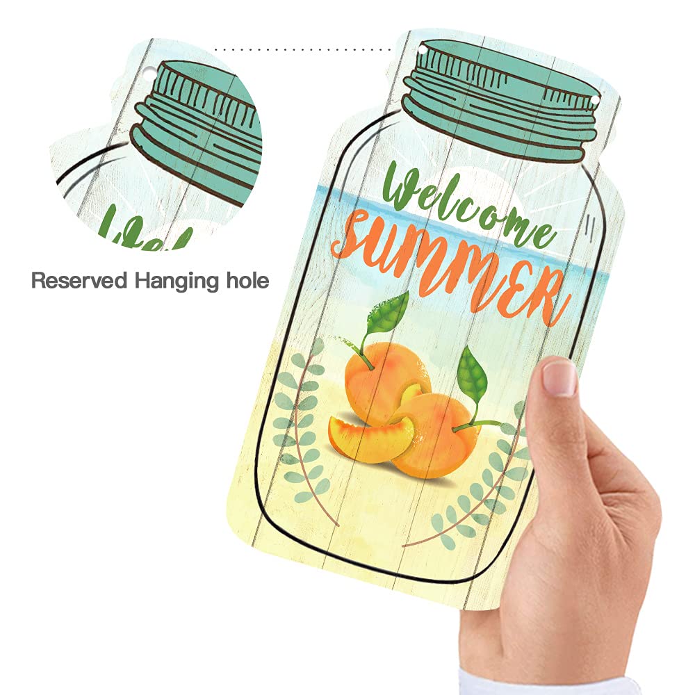 Putuo Decor Yellow Peach Mason Jar Sign, Summer Fruit Decorations for Garden, Yard, Patio, Porch, Front Door, 8.3x4.5 Inches Hanging Wall Plaque - Welcome Summer