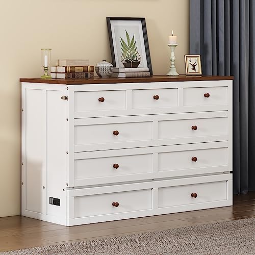 JIVOIT Queen Size Mobile Murphy Bed, Solid Pine Murphy Bed Chest with Charging Station and Large Storage Drawer, Queen Foldable Platform Bed for Home Office or Small Room