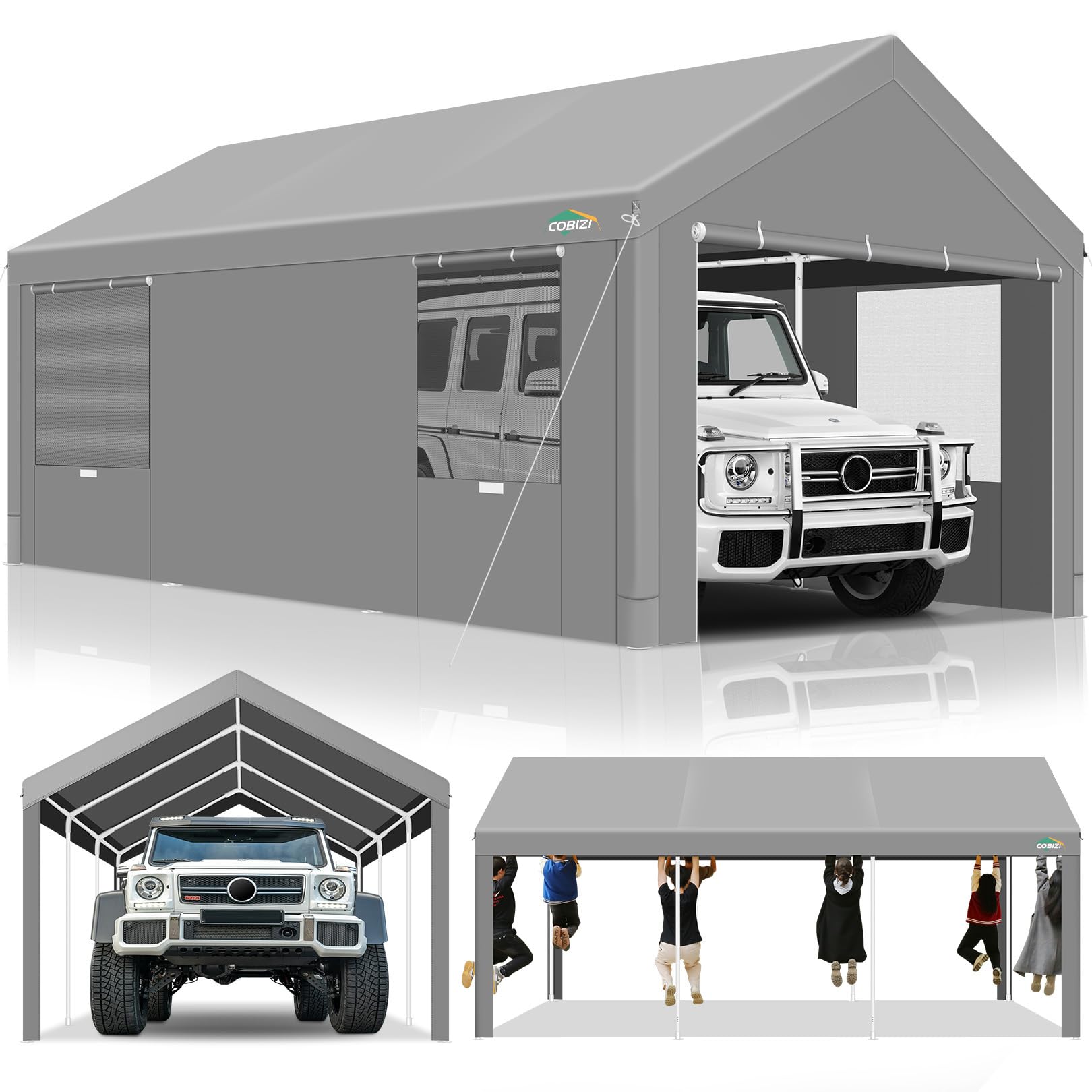 COBIZI Carport 10'x20' Heavy Duty Portable Garage, Upgraded Car Canopy with Removable Sidewalls, Ventilated Windows & Built-in Sandbags, Waterproof All-Season Tarp, Car Tent for Truck, Boat, Gray