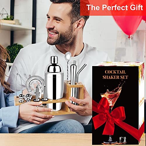 Cocktail Shaker Set Bartender Kit - 17 Pcs Bar Set with Bamboo Stand, Premium Stainless Steel Bar Tool Set, Home Bar Martini Shaker Set for Drinking Lovers