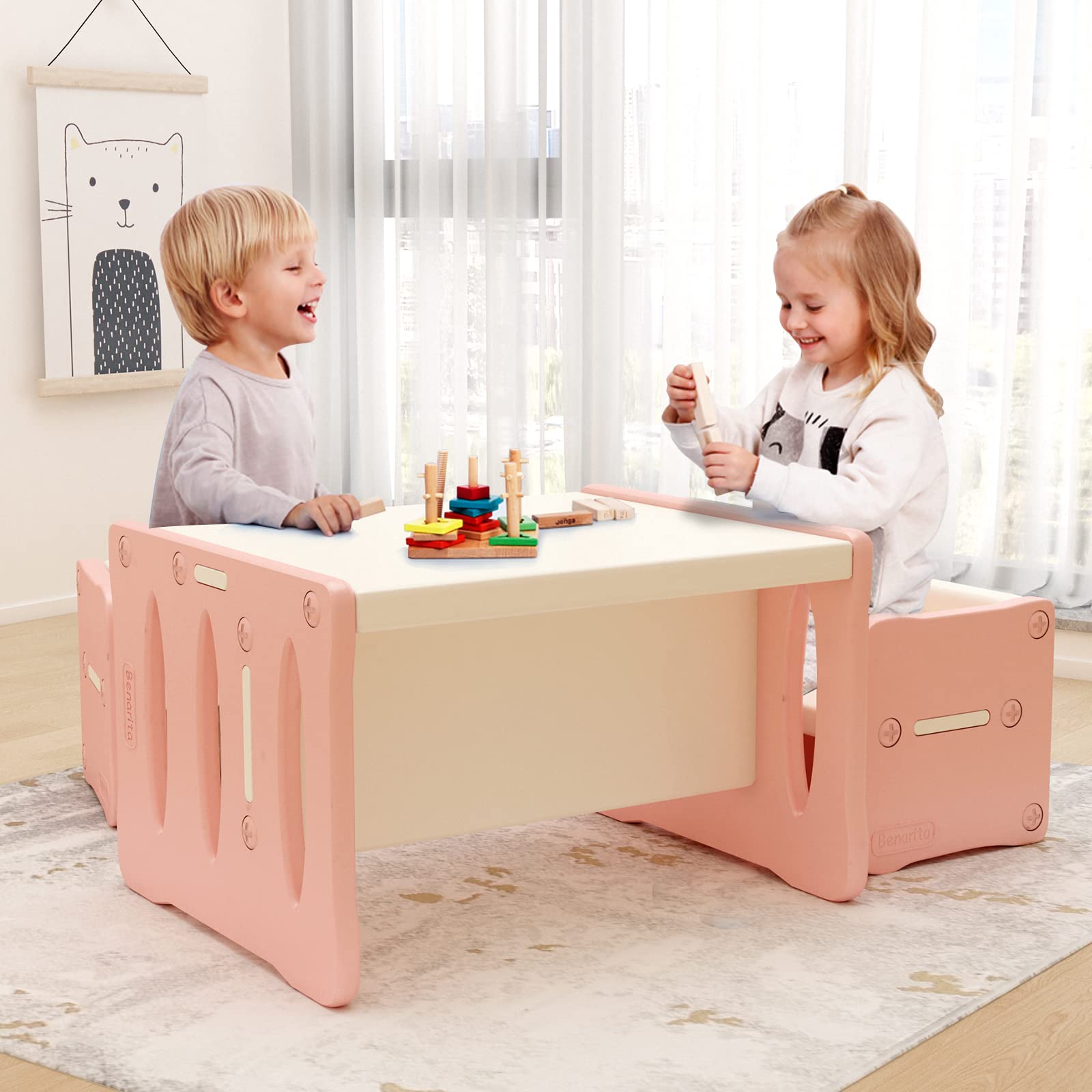 Benarita Kids Table and 2 Chairs Set, Plastic Activity Table for Toddler Reading, Arts, Crafts, Homework, with Storage Space