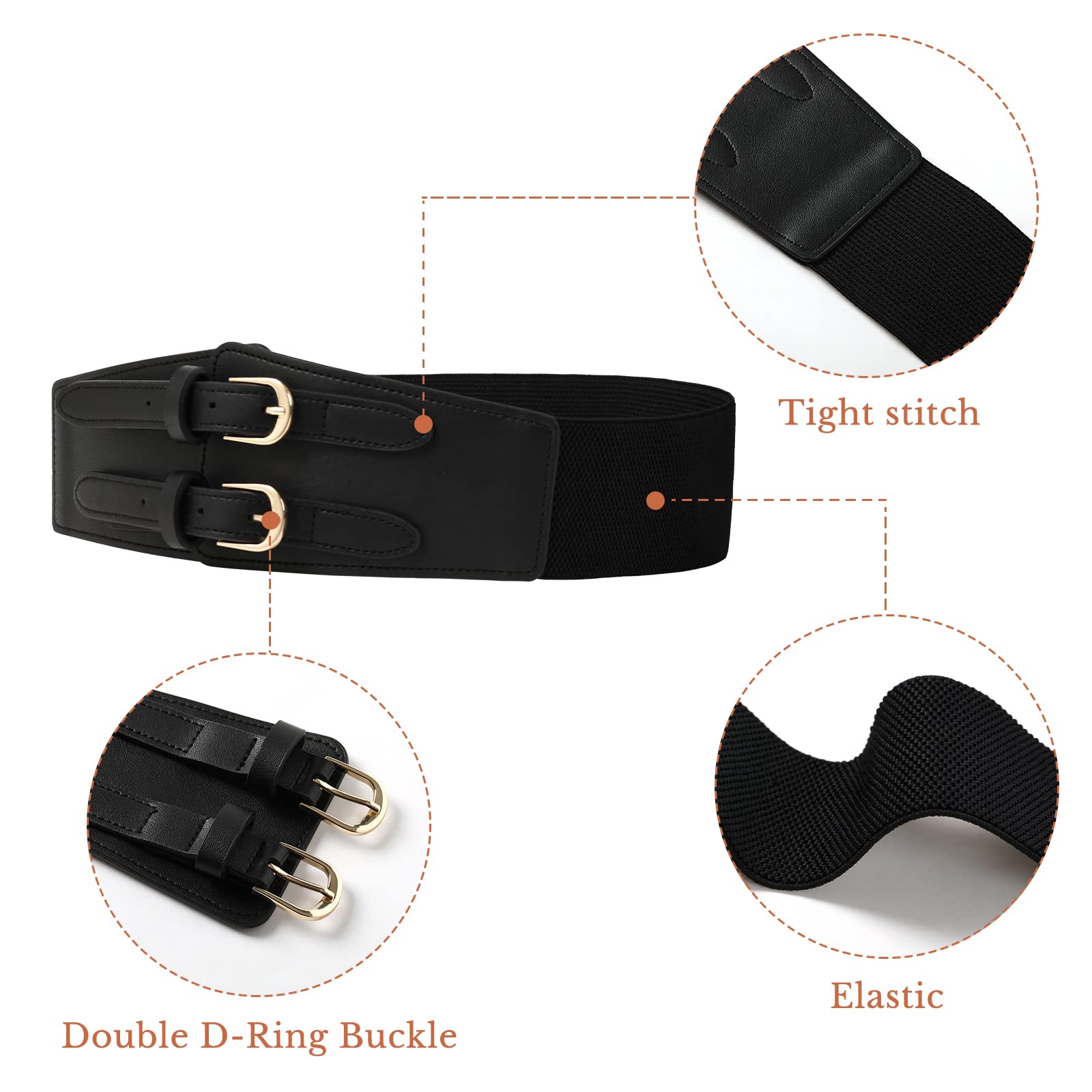 AWAYTR Double Buckle Women's Elastic Belt - Ladies Stretchy Wide Belts for Dresses, Leather Waist Belts for Women Jeans(Brown 31-33.5")