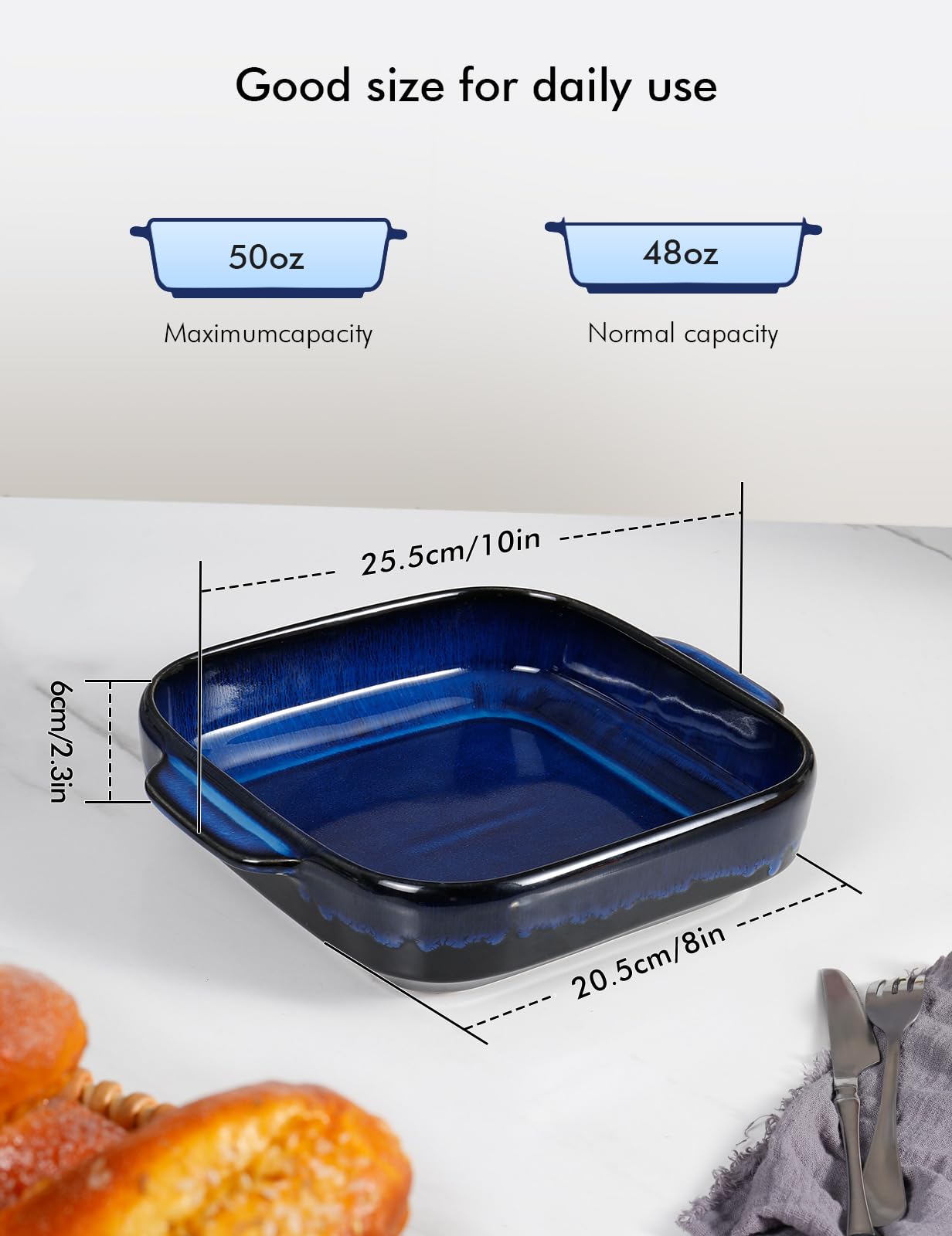 Ceramic Baking Dish - 8x8 Deep Square Baking Pan, Lasagna Pan with Double Handles, Non-Stick Casserole Pan for Oven, Brownie, Lasagna, Roasting - Home Gift (Reactive Glaze Blue)