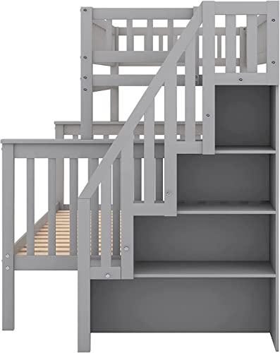 DNYN Stairway Twin-Over-Full Bunk Bed with Storage Shelves & Guardrail for Dorm, Kids Bedroom, Solid Pine Wood Bedframe, Space Saving Design & No Box Spring Needed, Grey