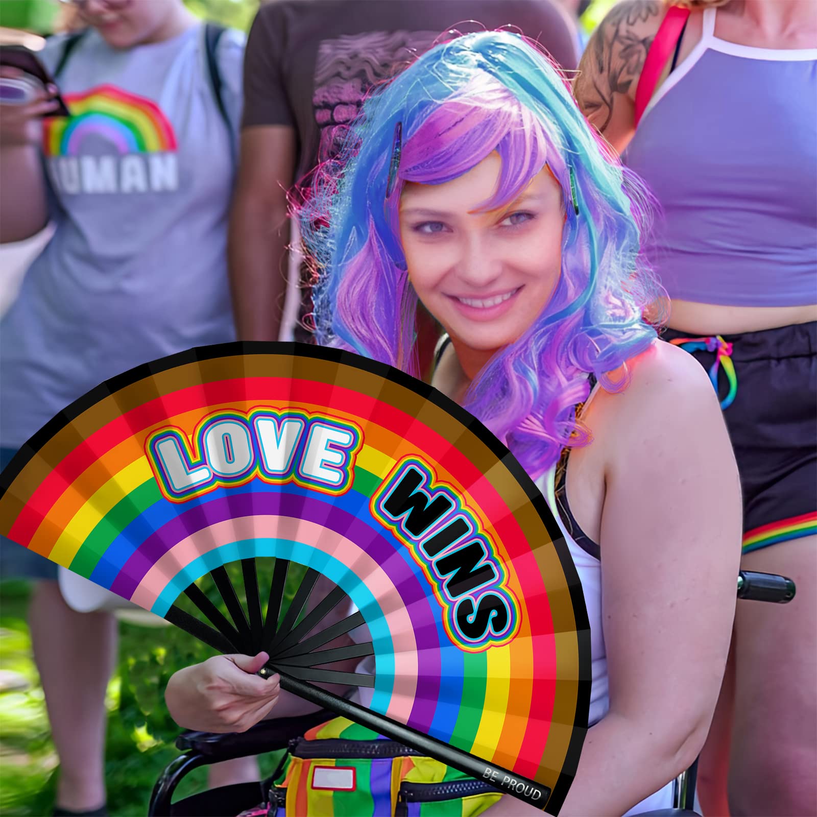bmuvghi Rainbow Folding Fan Pride Hand Held Fan Gay Pride Stuff Large Clack Hand Fan Foldable Rave Fan for LGBTQIA+ Pride Parade Pride Accessories Stuff