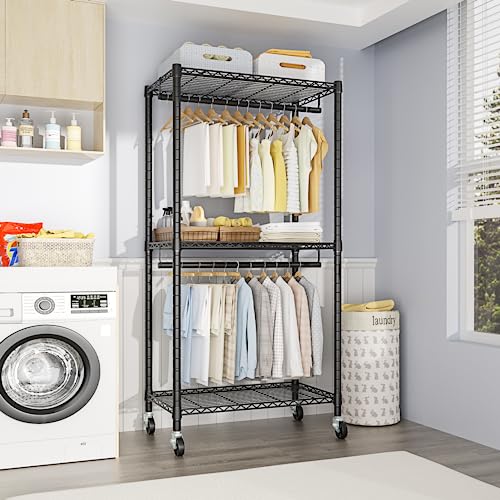 FUTASSI Portable Closets, Heavy-Duty Garment Rack with Shelves and Hanger Rods, Rolling Freestanding Wardrobe System, Clothes Organizers and Storage with 2 Lockable Casters, 30"W x 14"D x 76"H, Black