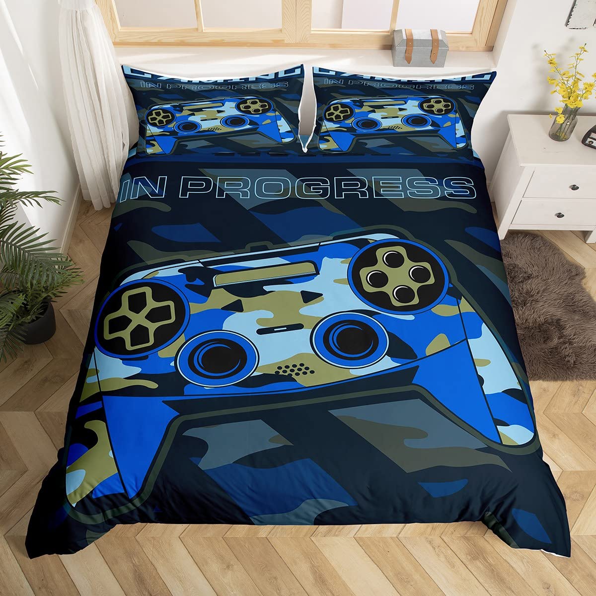 Feelyou Games Comforter Cover Twin Size,Gamepad Bedding Set for Boys,Kids Video Games Duvet Cover Set Modern Gamer Console Action Buttons Quilt Cover Teens Bedroom Decor Camo Navy Blue 2 Pcs