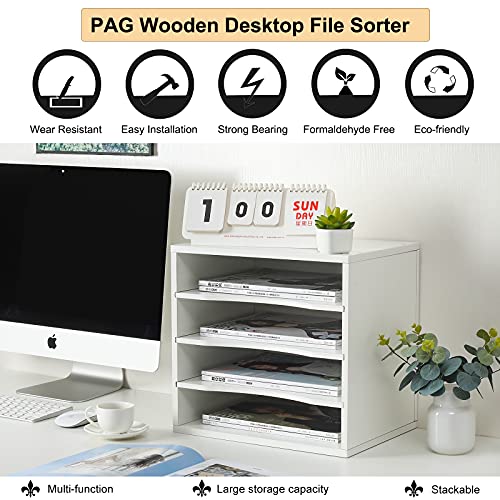 PAG Office Supplies Desk Organizer Wood File Mail Sorter with 3 Adjustable Drawer Boards,White