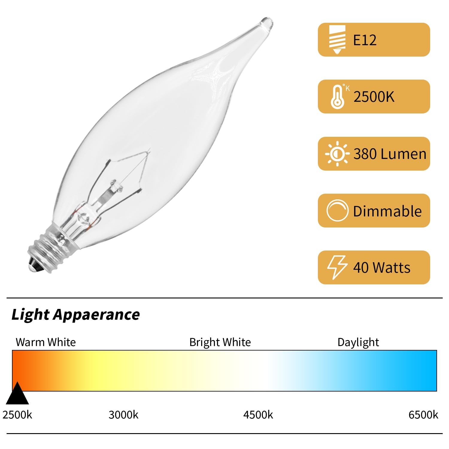 CYLYT 12-Pack E12 Candle Light Bulbs 40W Warm White 2500K, 380 Lumen Dimmable Chandelier Light Bulbs for Ceiling Fan, Pendants or Outdoor, CA10 Clear Candelabra Base Bulbs