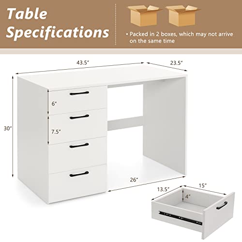 COSTWAY White Computer Desk with 4 Large Drawers, Home Office PC Desk Workstation for Writing, Modern Computer Table for Bedroom, Study, Living Room