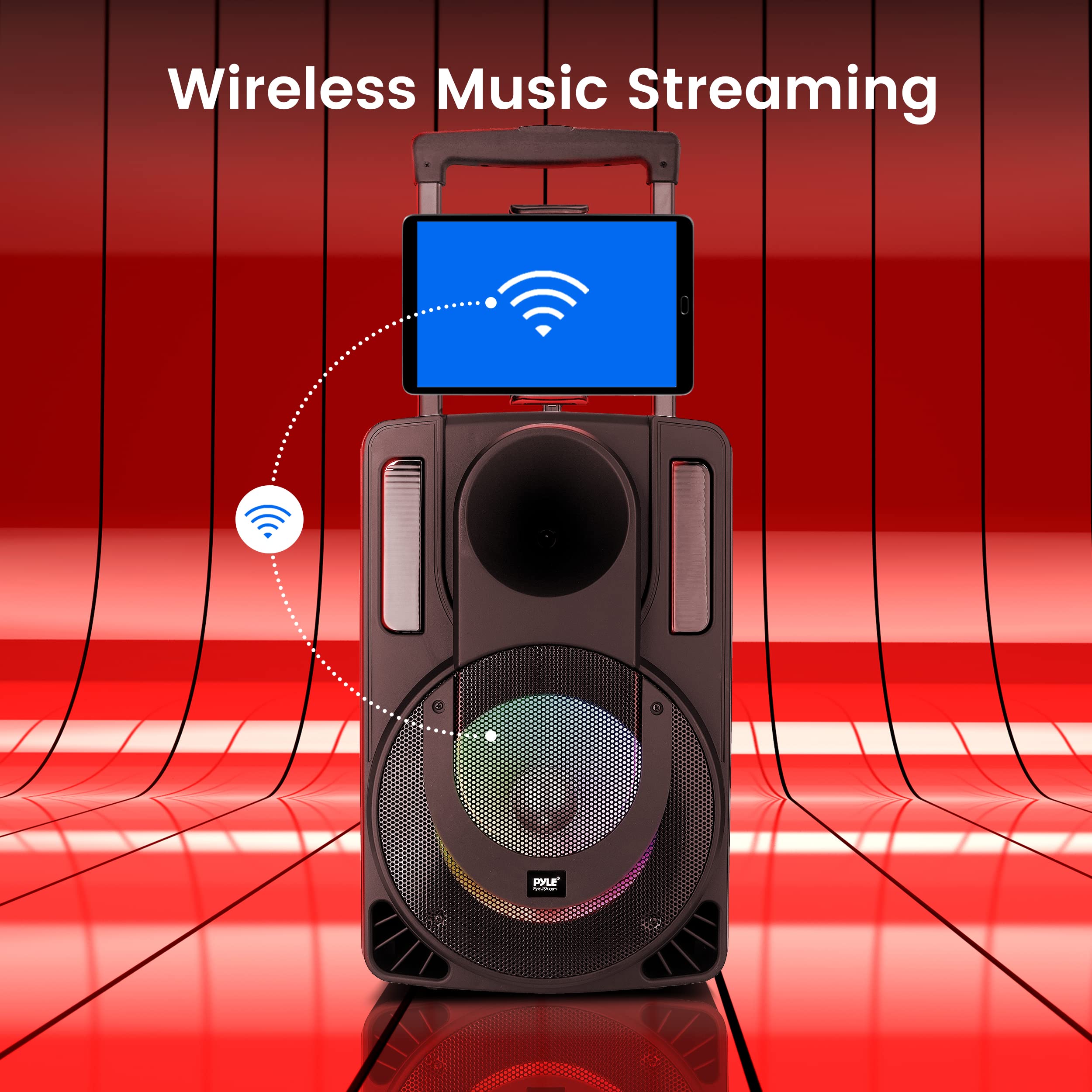 Pyle 12’’ Portable PA Speaker System - Wireless BT Streaming PA & Karaoke Party Audio Speaker, Two Wireless Mic, Wired Microphone, Tablet Stand, Flashing Party Lights, MP3/USB//FM Radio - PHPWA12TB