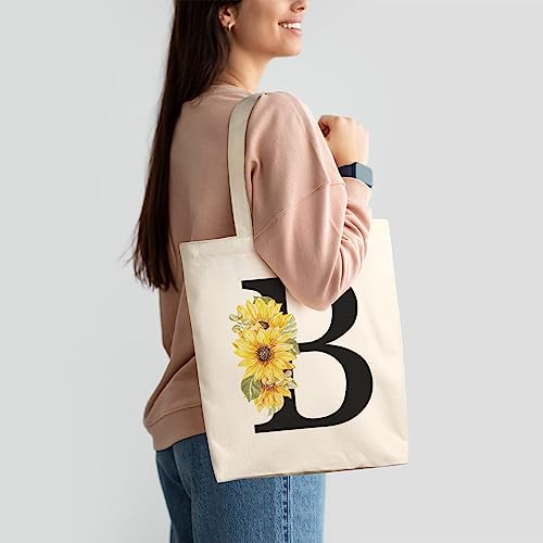 DERTE Personalized Initial Canvas Tote Bag Floral Letter Makeup Bag Monogrammed Gift Beach Tote Bags for Women Bridesmaids Birthday Wedding Bridal Shower (Letter B)