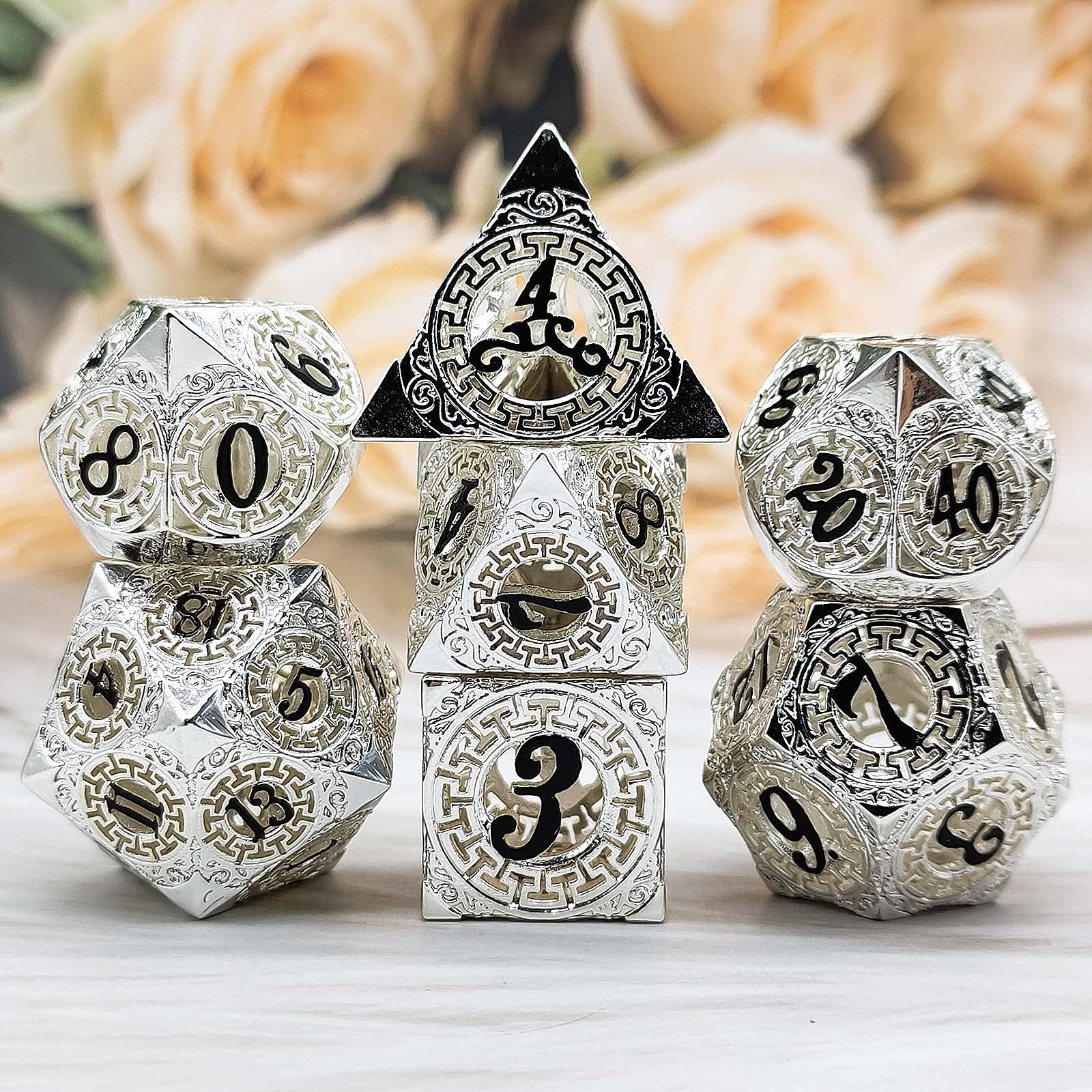 Metal Dice Set 7pcs DND - Table Game RPG Hollow Dice Silver and Black, with Metal Gift Box, Suitable for Dungeon and Dragon D&D MTG, Math Teaching, Polyhedron D4 D6 D8 D10 D10% D20
