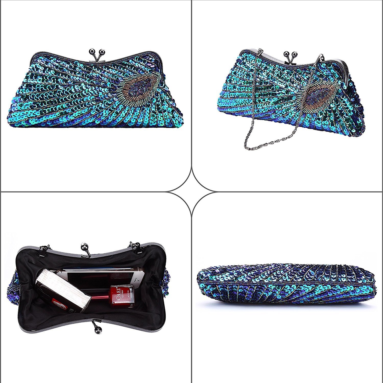 Baglamor Women's Kiss Lock Clutch Sequin Purse Peacock Clutch Bag (Blue)